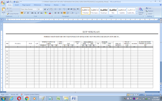 Format isian daftar urut kepangkatan (DUK) guru dan pegawai sekolah ...