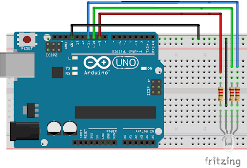Foto do esquema de ligação feito no fritzing para ligar um LED RGB ...