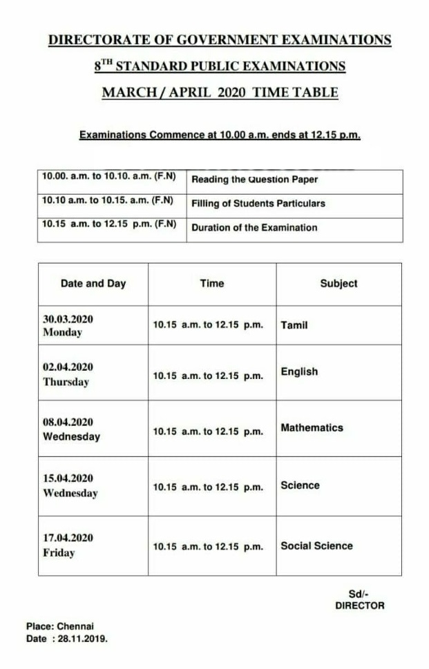 5th & 8th Standard Public Exam 2020 - Time Table Download ~ Padasalai ...