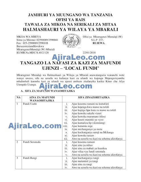 Job Vacancies at Mbarali District Council - Deadline 28th January, 2018 ...