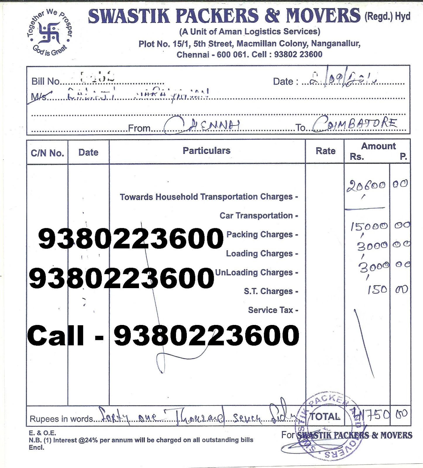 100% 9380223600 ORIGINAL GST Packers Movers Bill For Claim Chennai ...