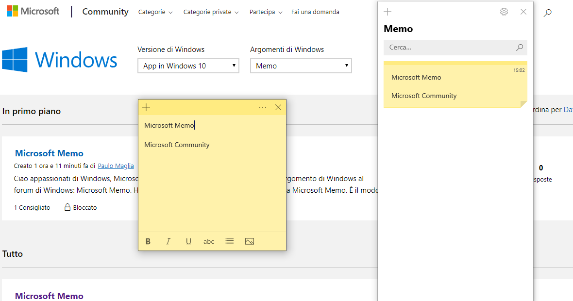 Nuova sezione di supporto per Sticky Notes (Memo) in Microsoft Community
