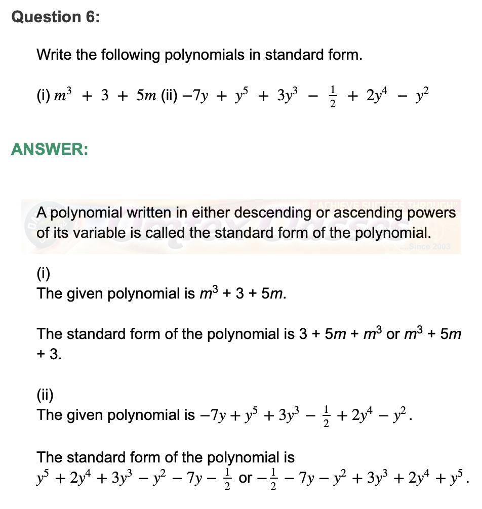 Education: Practice Set 3.1 Chapter 3 - Polynomials Mathematics Part I ...