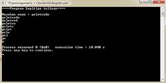 CODEBLOCKS : membuat tulisan segitiga dengan bahasa program c++