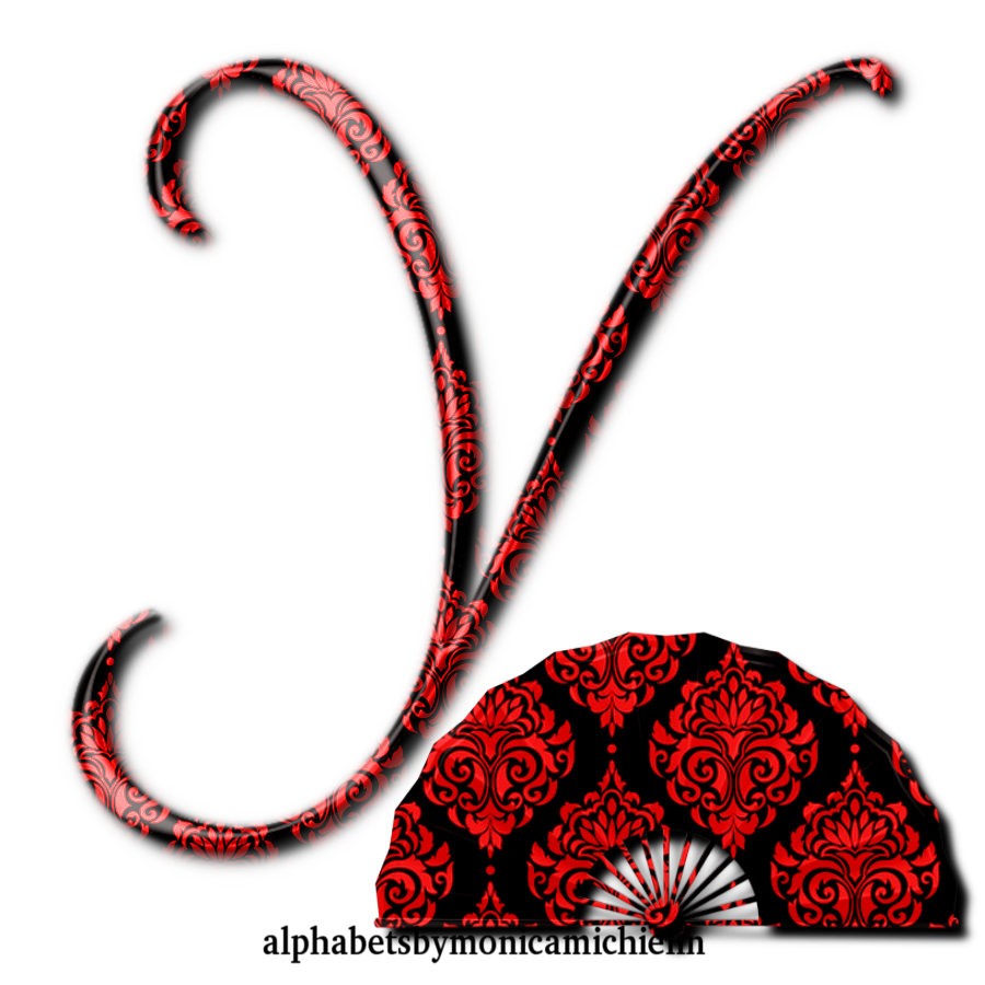 Monica Michielin Alphabets: ORIENTAL FAN RED AND BLACK DAMASK ALPHABET PNG