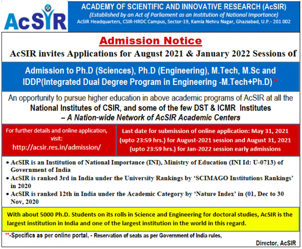 AcSIR PhD Admissions for August-2021 & January 2022 Session