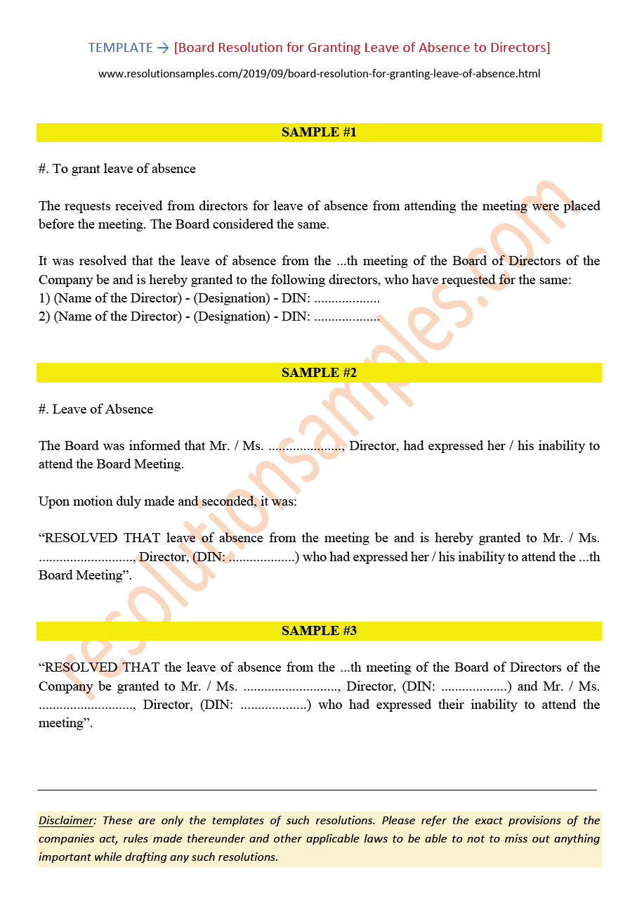 Draft Board Resolution for granting Leave of absence to Director