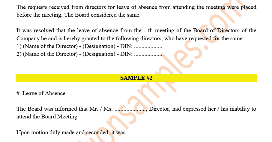 Draft Board Resolution for granting Leave of absence to Director