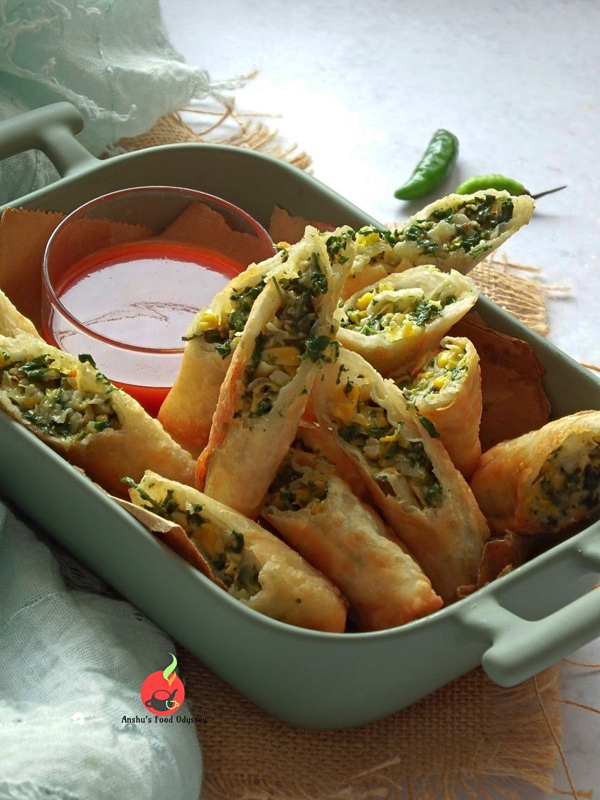 Cheesy Spinach & Corn Spring Rolls using Homemade Spring Roll Sheets