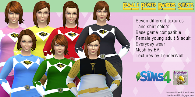 Tender Wolf's Den: Female Power Rangers shirts (Sims 4)
