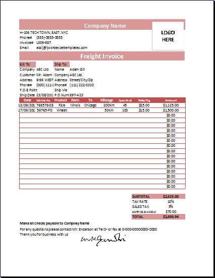 Freight Forwarding Quotation Format In Excel - Invoice Template