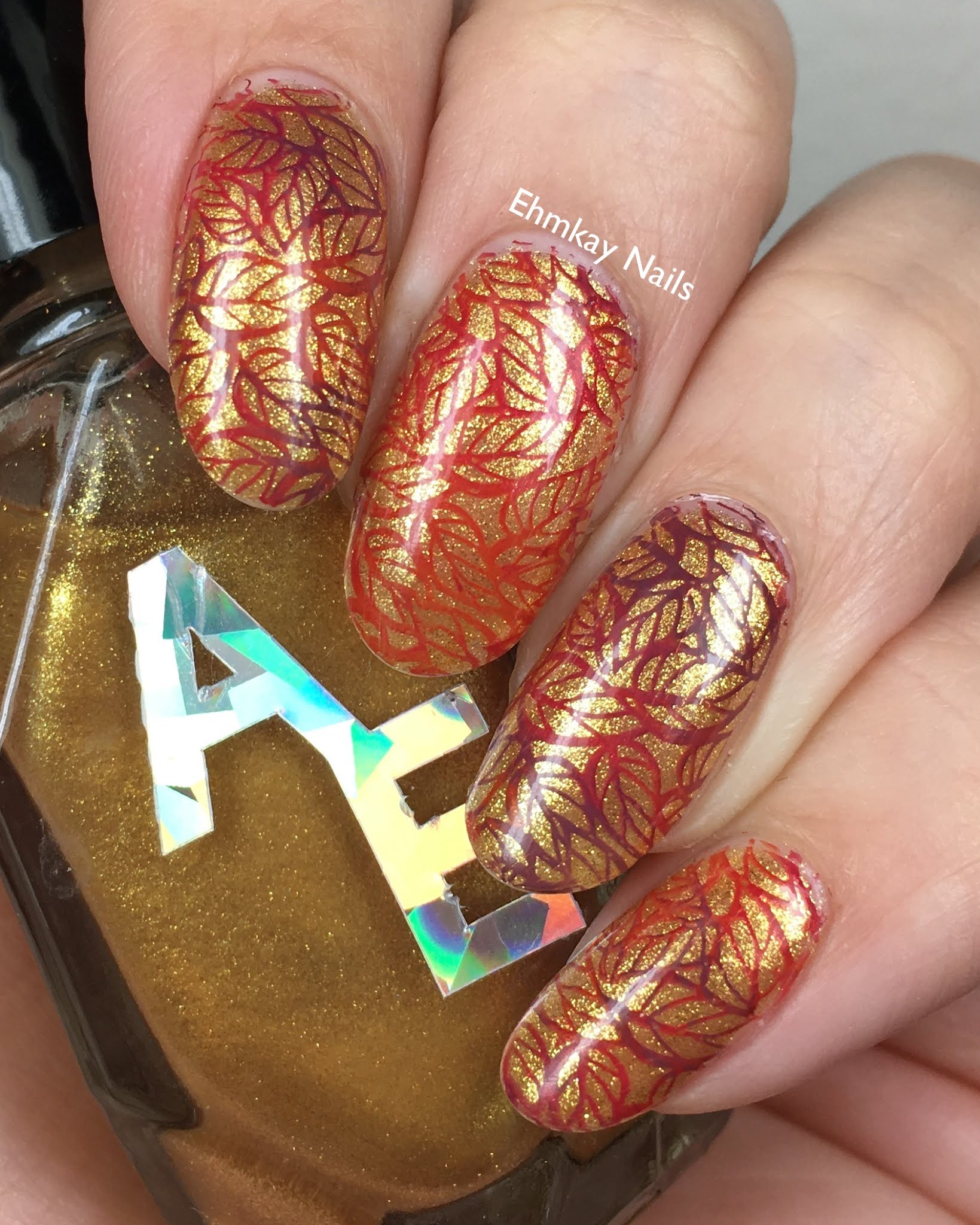 ehmkay nails: Alter Ego Golden Topaz with Gradient Leaf Stamping