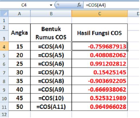 FUNGSI RUMUS COSINUS DALAM EXCEL