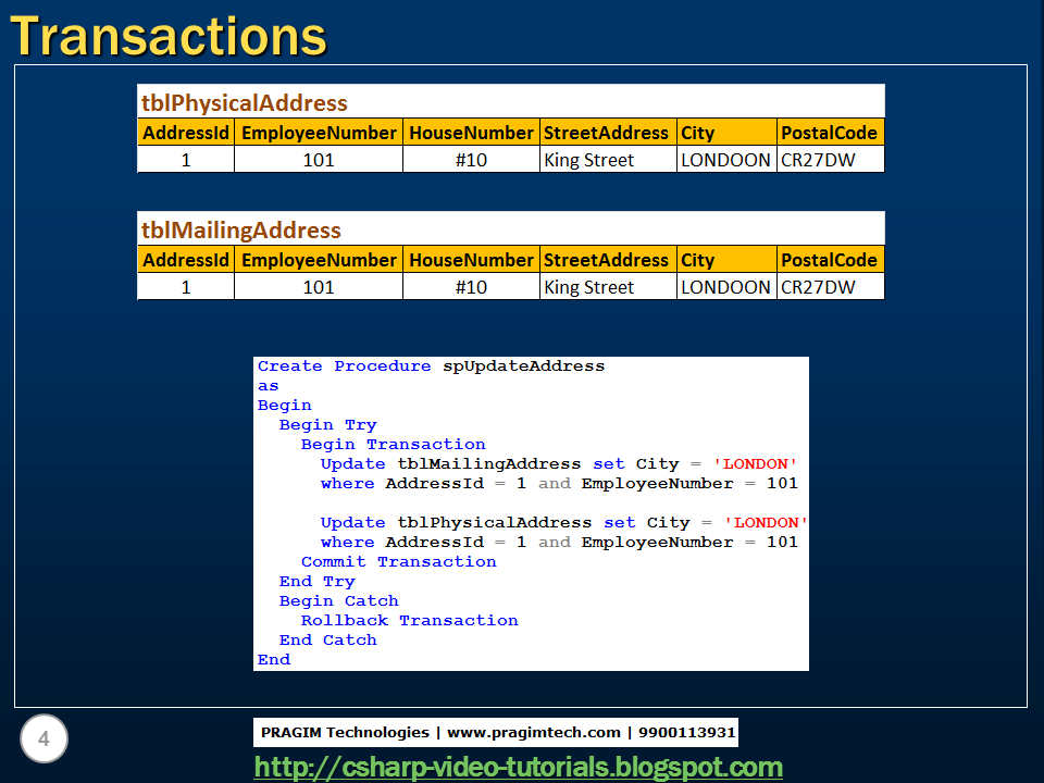 Sql server, .net and c# video tutorial: Part 57 – Transactions in SQL ...