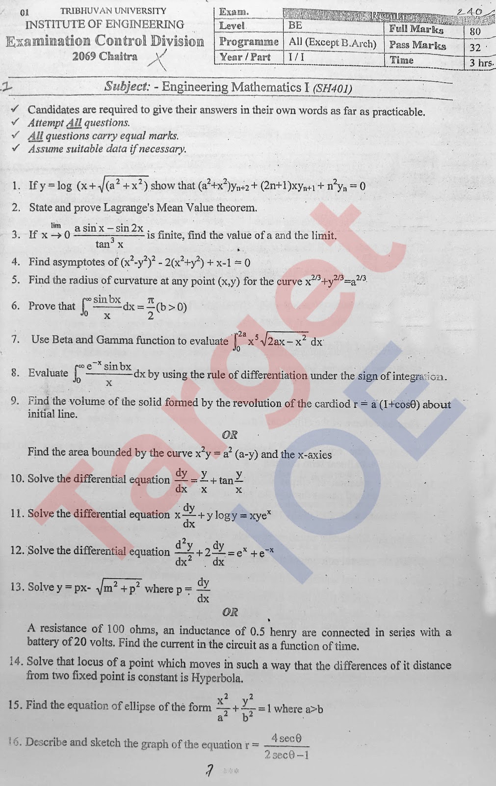 Set #2 Model Questions Of Engineering Math 1 With Solutions