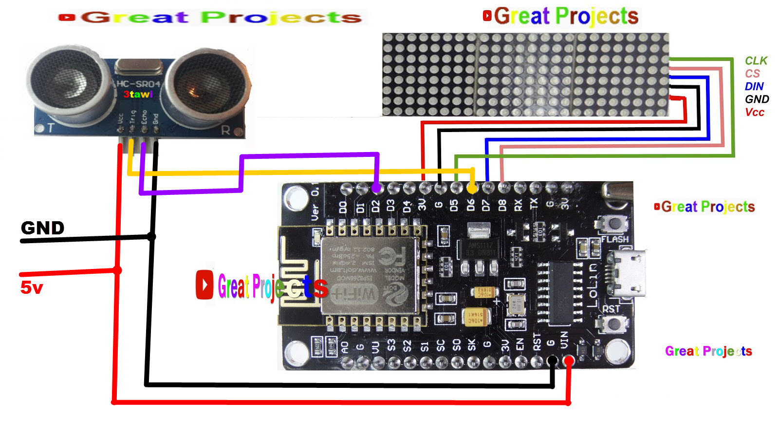 Great Projects Esp8266 Ultrasonic Distance Measuring Displayed On Max7219 Dot Matrix