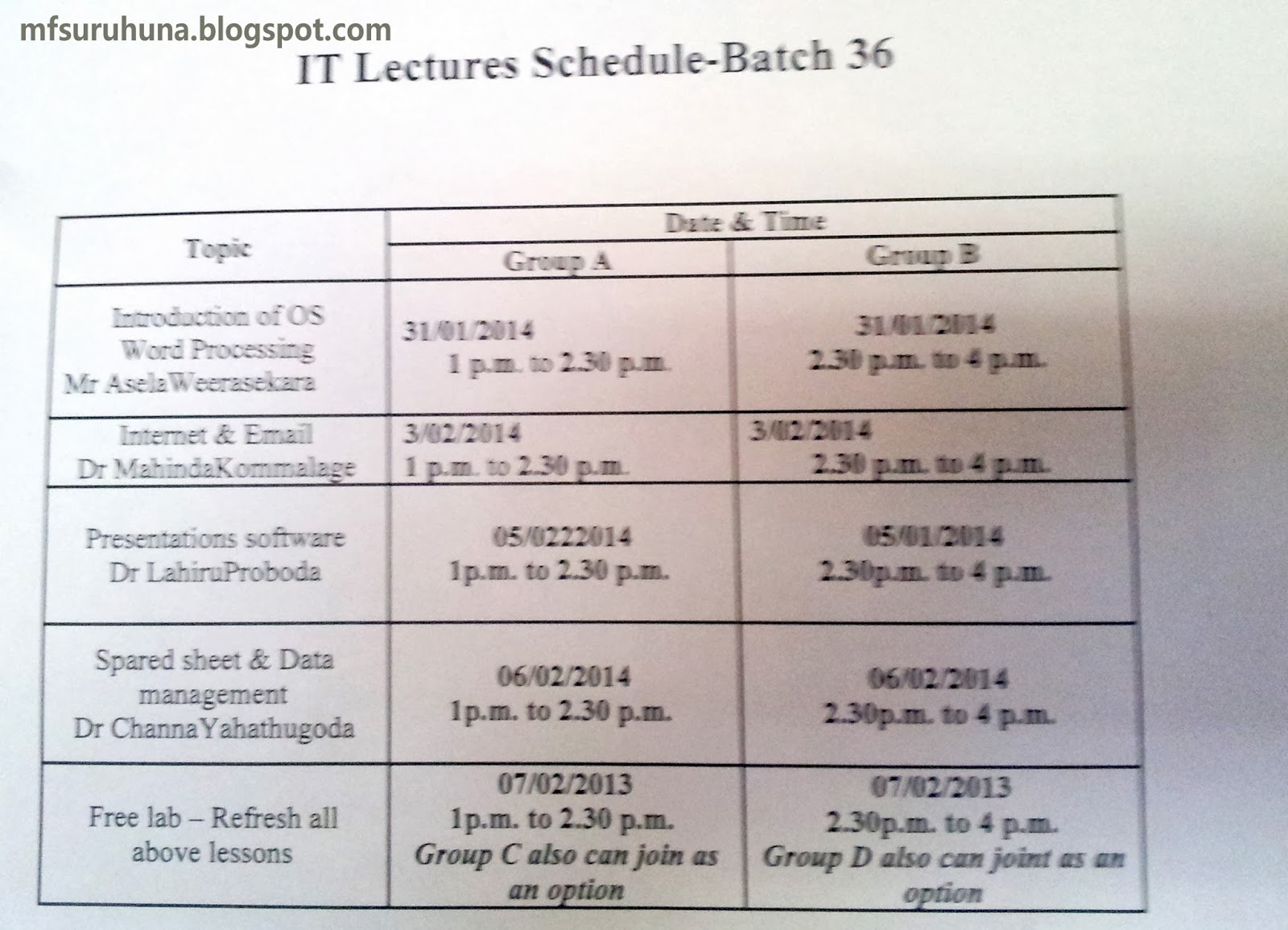 IT Lectures schedule 36th batch ~ Medical Faculty Students Union Ruhuna