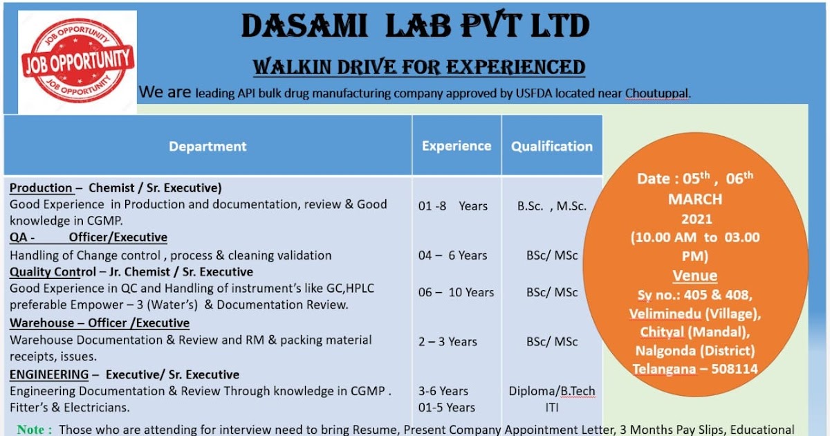 UDYOG ADDA: DASAMI LAB PVT LTD Walk In Drive for Multiple Positions Production , QA / QC / Ware ...