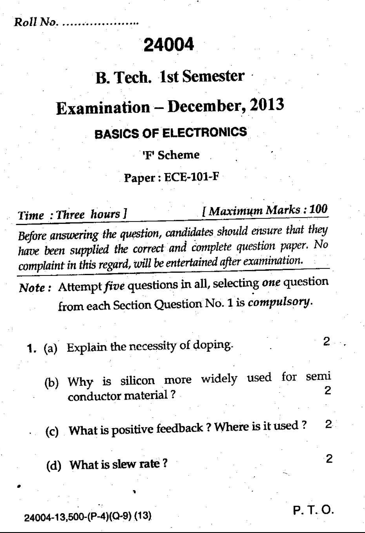 MDU B.Tech 1st Semester Basics of Electronics Dec 2013 Question Paper ...