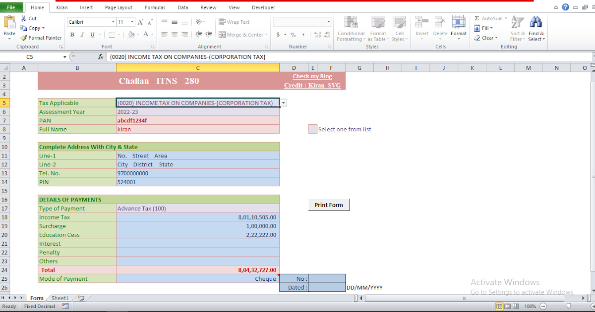 Challan ITNS 280 in Excel