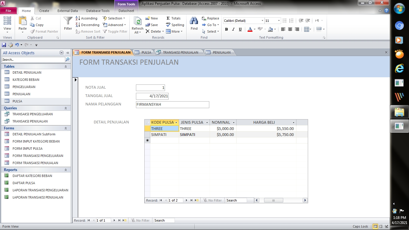 CARA MEMBUAT APLIKASI PENJUALAN SEDERHANA (KONTER PULSA) PADA MS. ACCESS