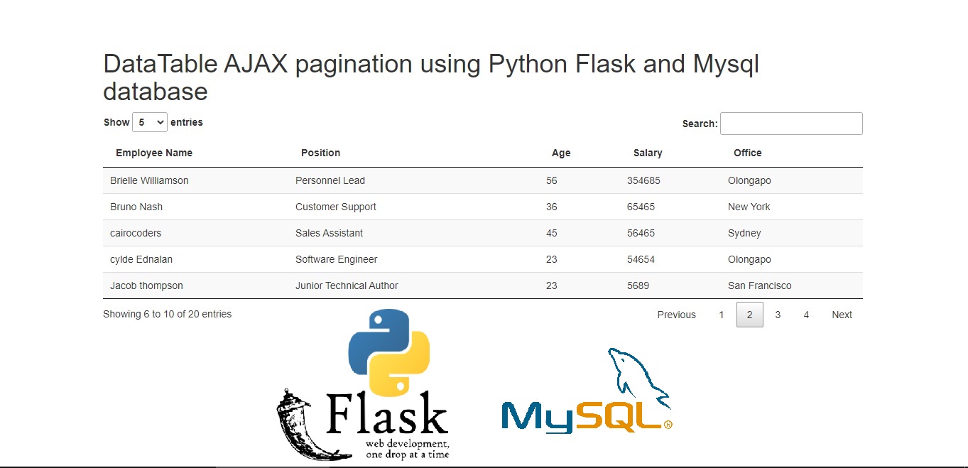 DataTable AJAX pagination with Search using Python Flask and Mysql ... DataTable AJAX pagination with Search using Python Flask and Mysql ...