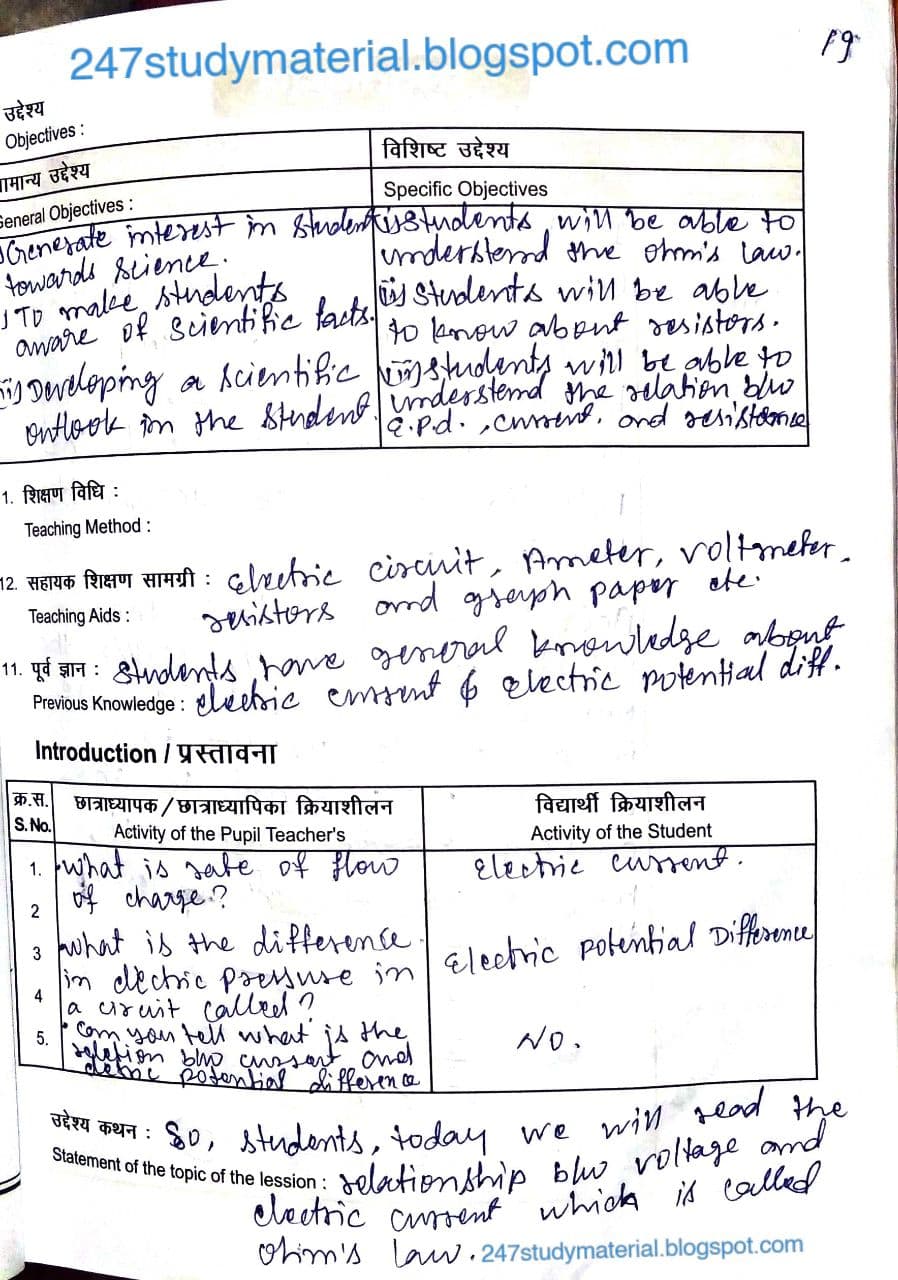 Physics Lesson Plan On Ohm's law For B.ed PDF