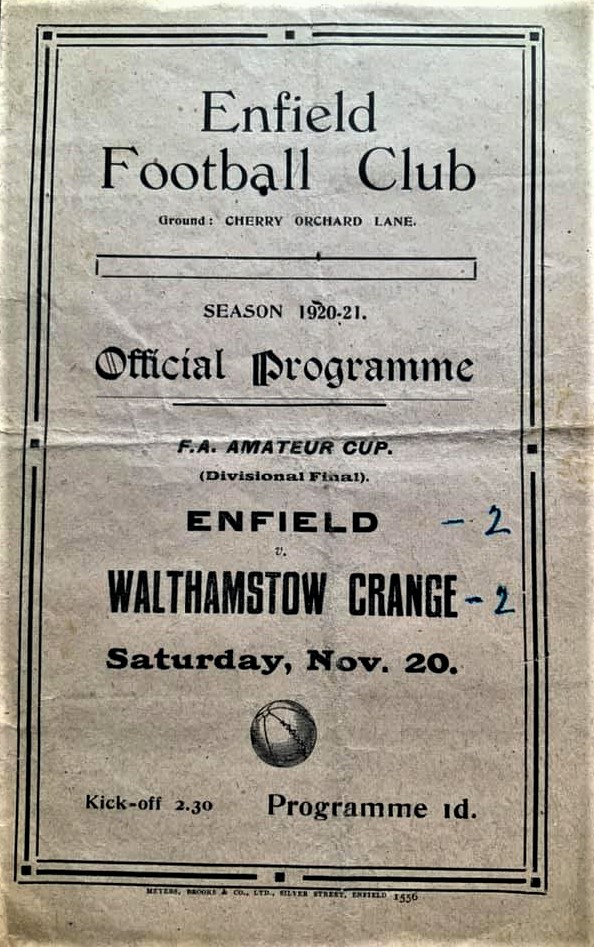 The Cold End: CLASSIC PROGRAMME - ENFIELD FC v WALTHAMSTOW GRANGE - 1920