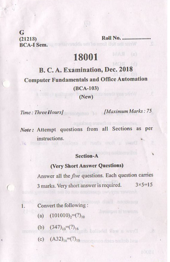 BCA- Computer Fundamental Old Question Paper