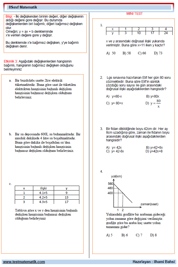 8.SINIF DOĞRUSAL İLİŞKİ ÇALIŞMA KAĞIDI - Test Matematik