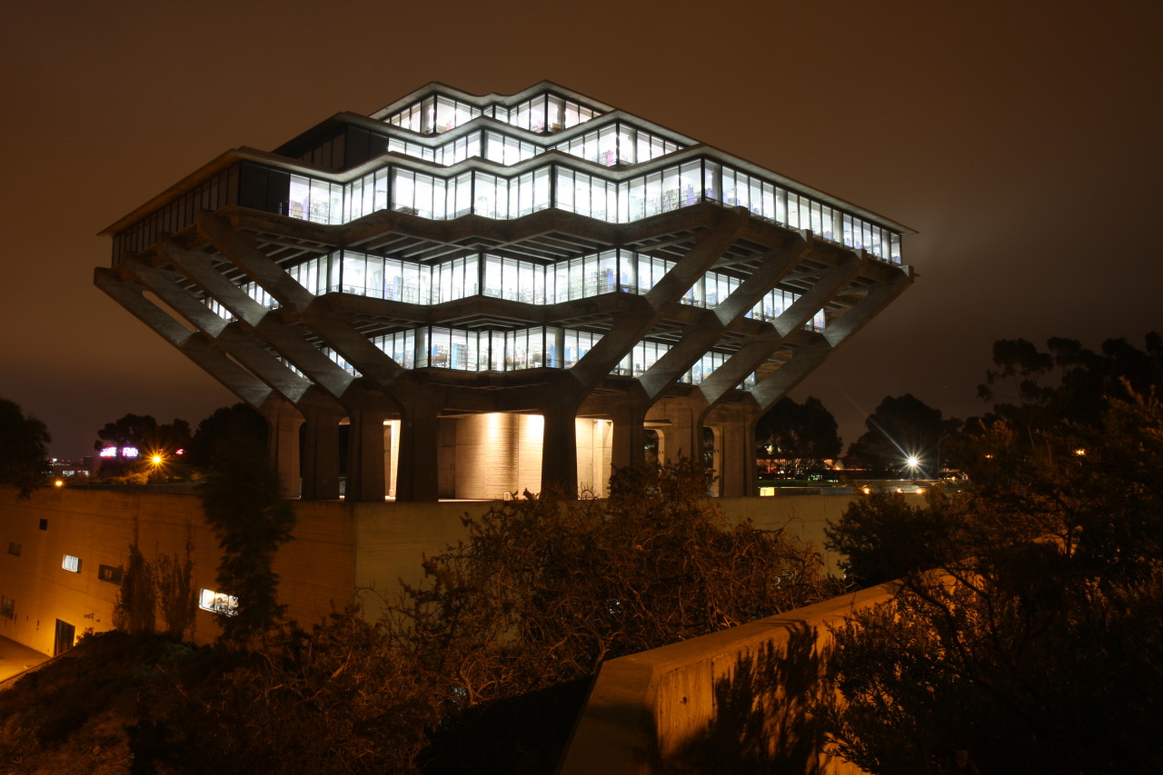 Night-time view of the Geisel Library at UCSD campus | Homeless in San ...