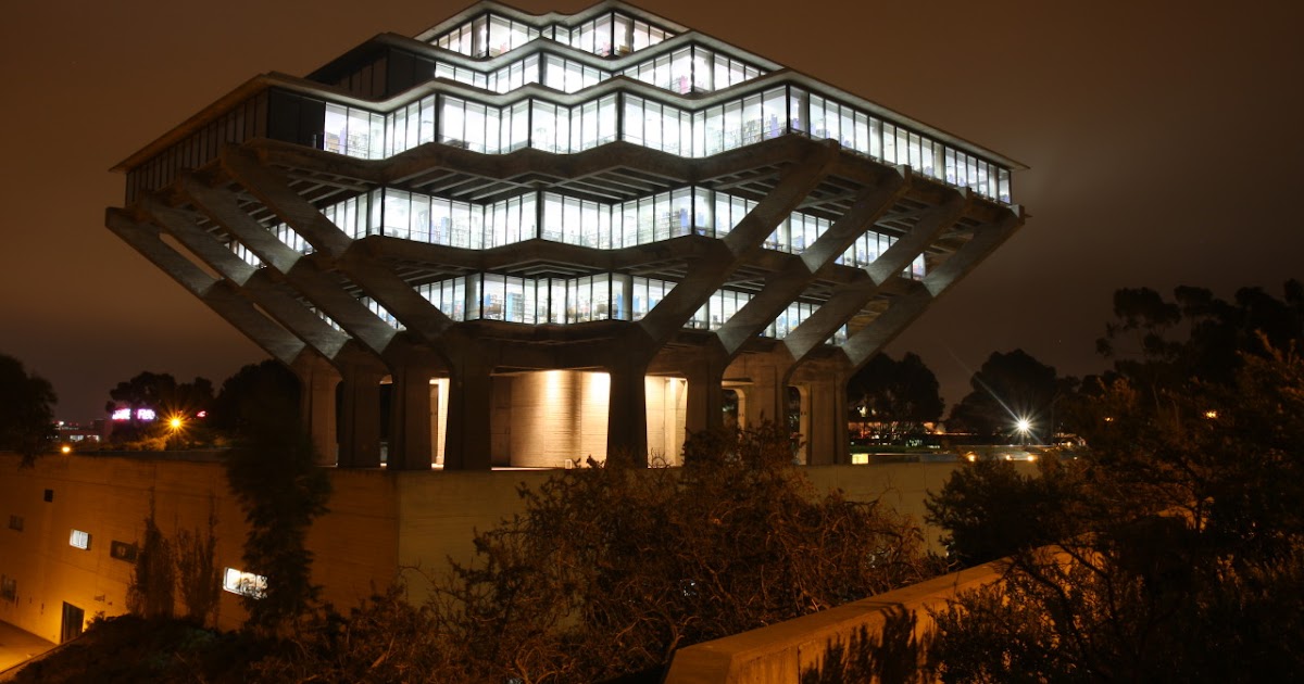Night-time view of the Geisel Library at UCSD campus | Homeless in San ...
