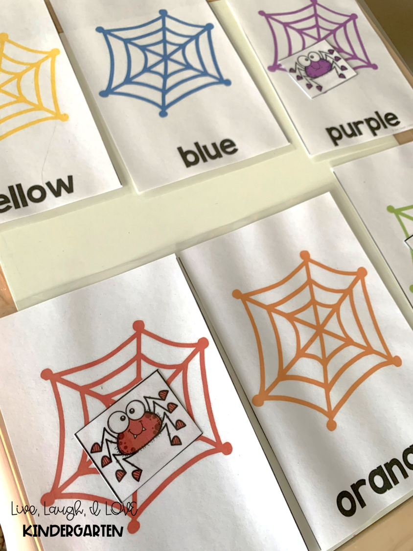 I placed the colored spider webs around. We picked a spider and matched ...