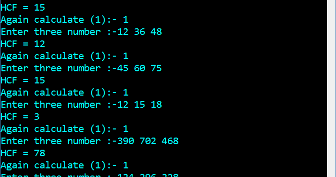 Program in C and C++ to find HCF of three numbers using prime ...