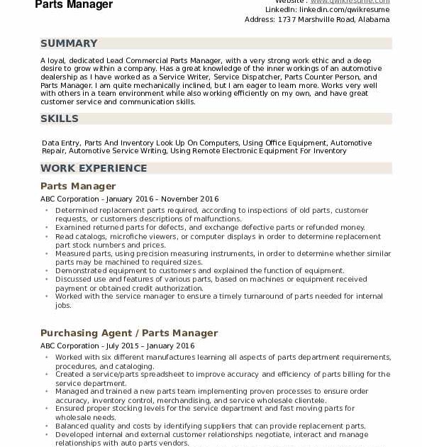 Parts Manager Resume ~ Resume Letter