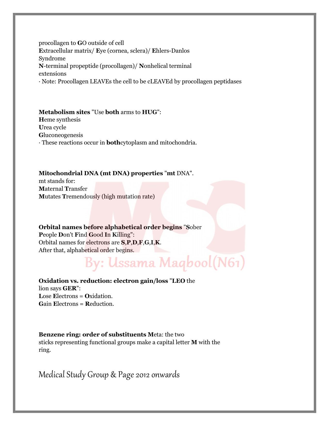 BIOCHEMISTRY MNEMONICS: