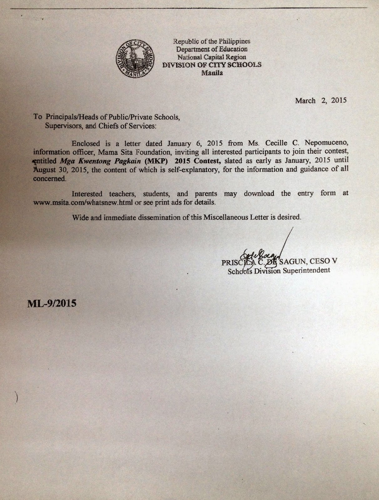 Department of Education Manila: Miscellaneous Letter No. 9, 2015 - MGA ...