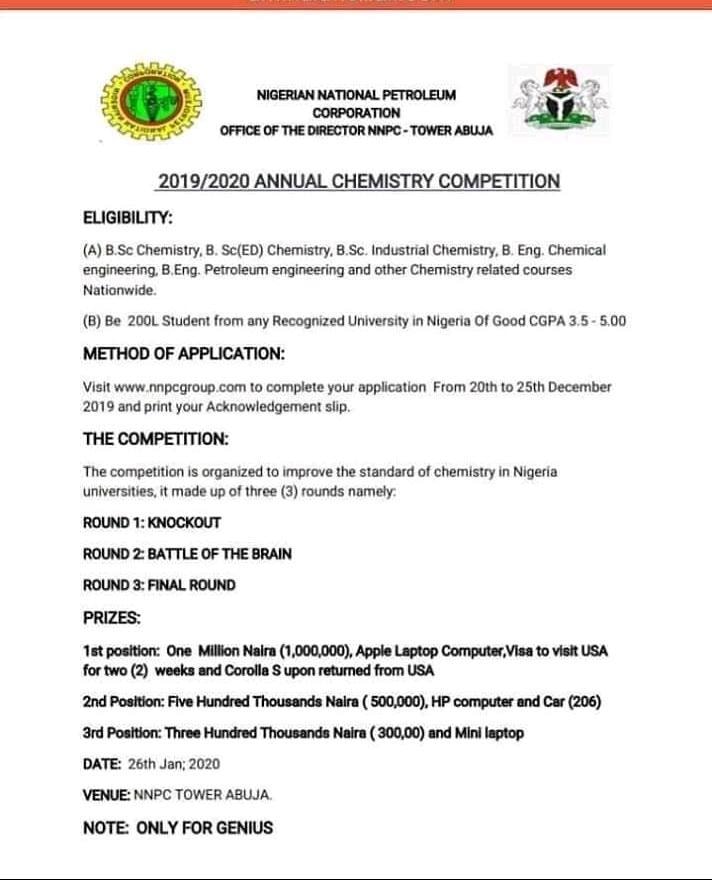 NNPC Annual Chemistry Competition 2019/2020 [Undergraduate Students]