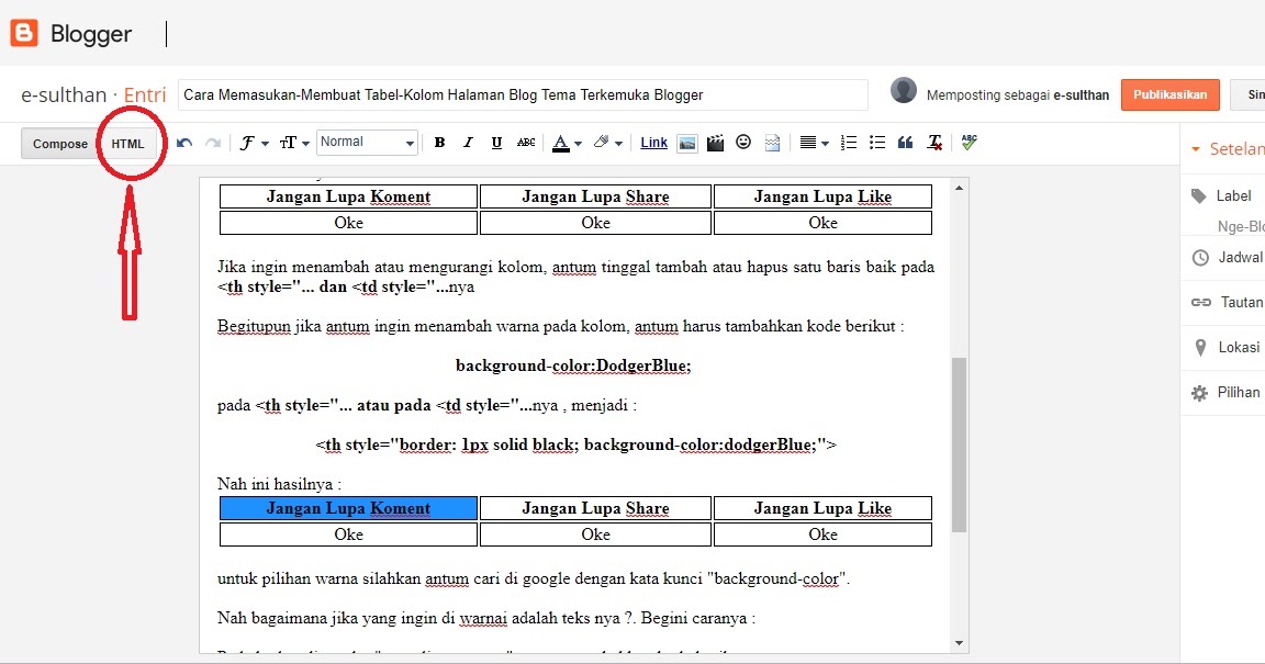 Cara Memasukan-Membuat Tabel-Kolom Halaman Blog Tema Terkemuka Blogger