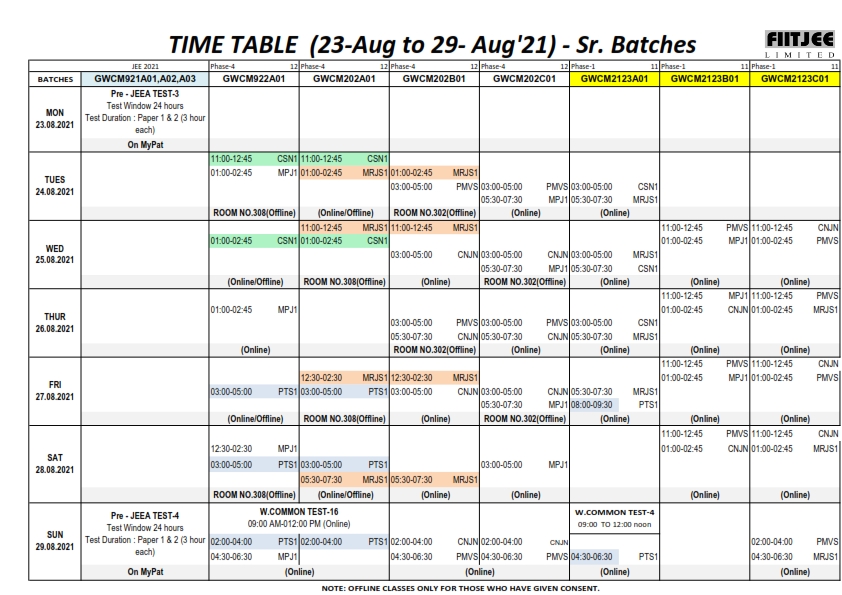 TIME TABLE (23-Aug to 29-Aug'21) ~ FIITJEE Limited - For IIT-JEE