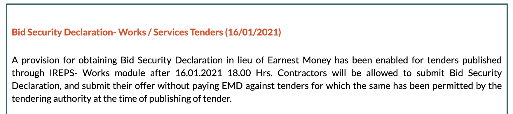 IREPS notice about Bid Security Declaration for Works/Services Tenders ...