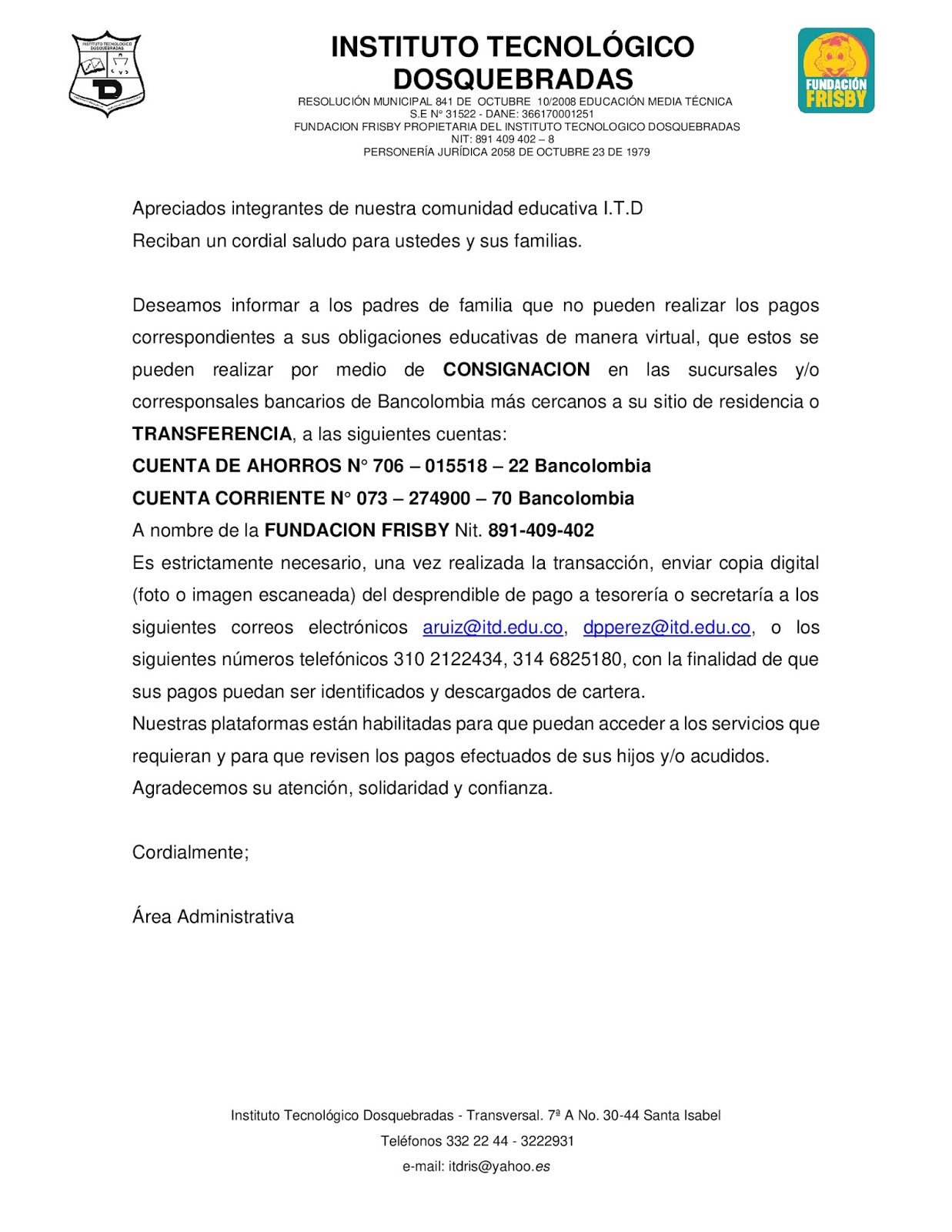 GRADO NOVENO A: NOTA ADMINISTRATIVA