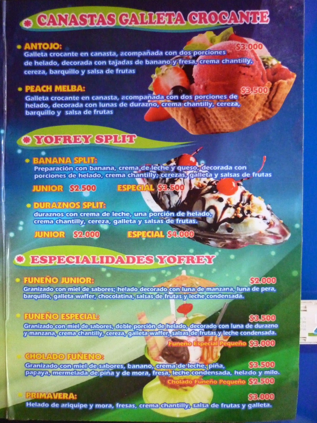 PRESENTACION DEL MENU HELADERIA YOFREY ~ HELADERIA YOFREY
