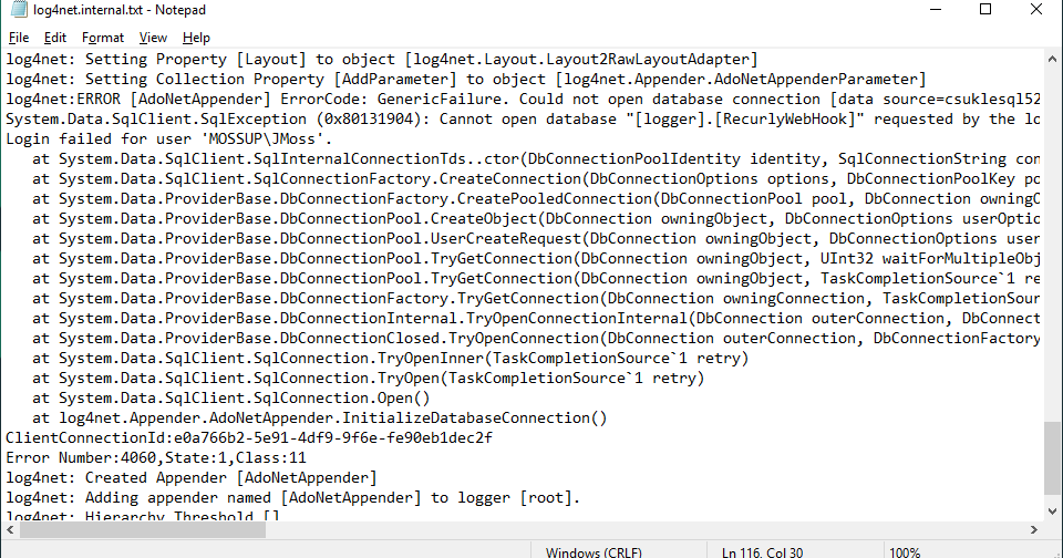 Turning on internal logging for log4net