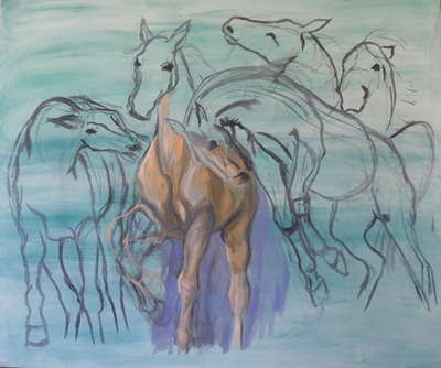 Sharon Crute: Horses Crashing in the Ocean Painting