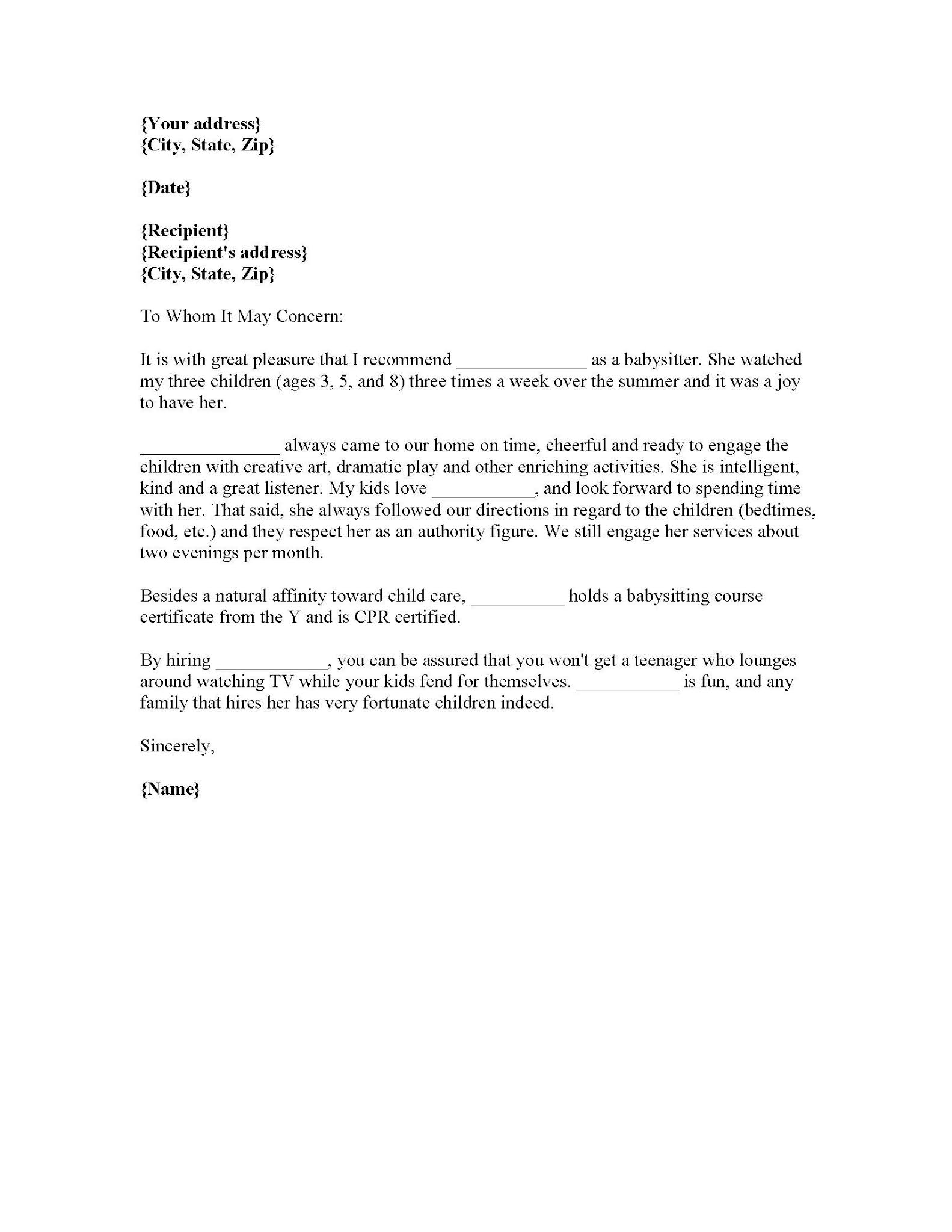 Babysitter Reference ~ Resume Letter