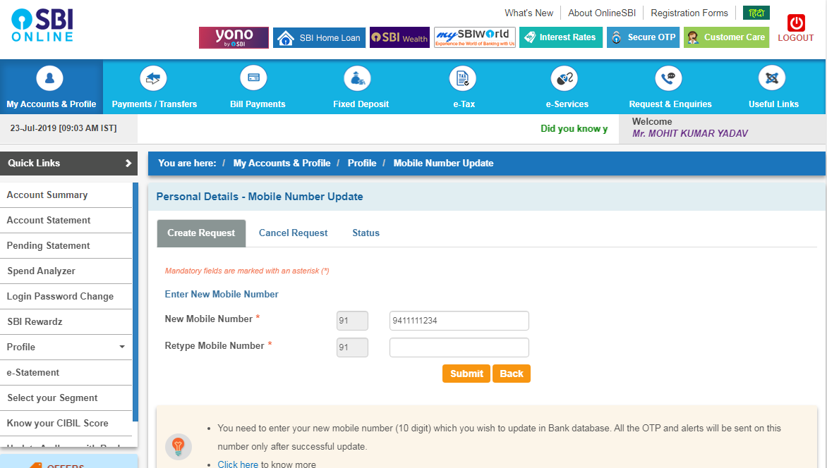 Changing mobile number for both SBI online banking and SMS alerts