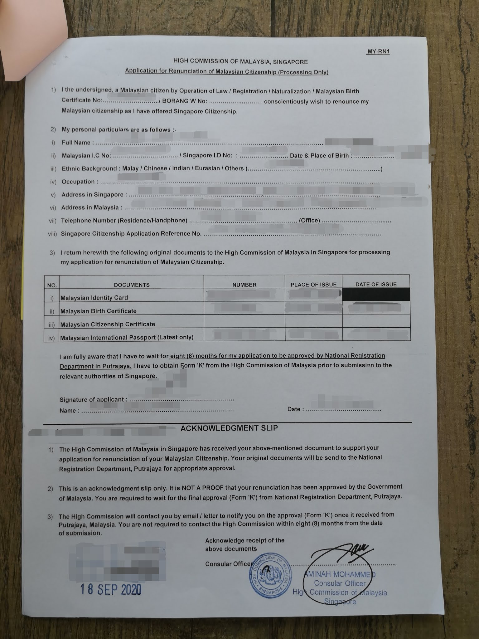 Collection of MY-RN1 Acknowledgment Slip