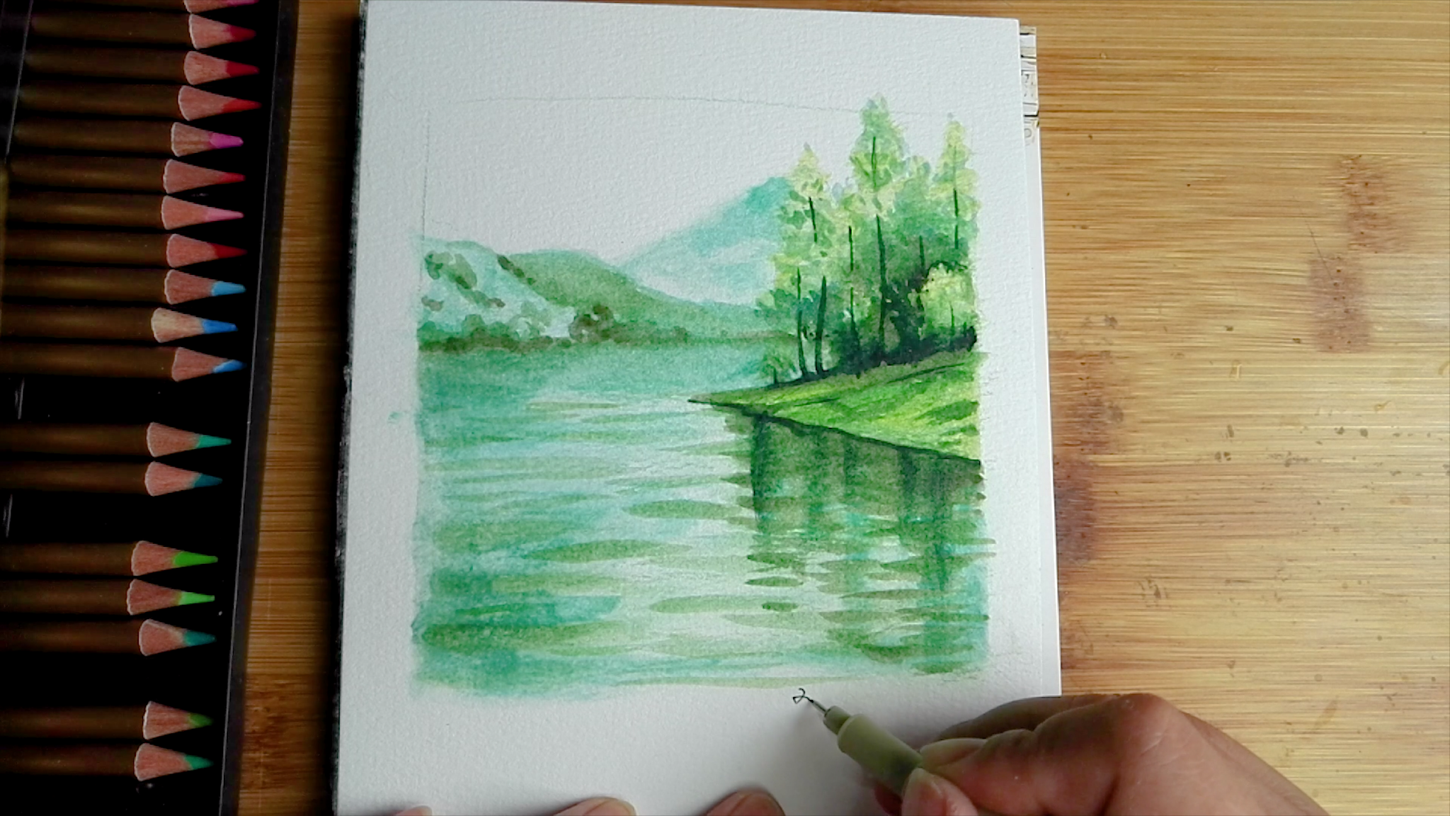 How to draw watercolor pencil lake landscape tutorial