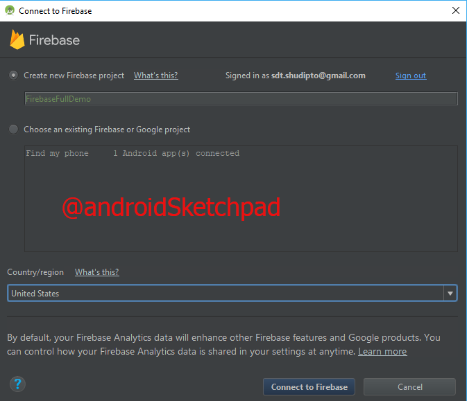 How to connect firebase directly from android studio AndroidSketchpad